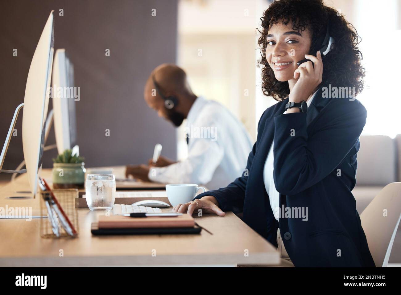 Crm, callcenter portrait and black woman working on lead generation on a office call. Customer ...