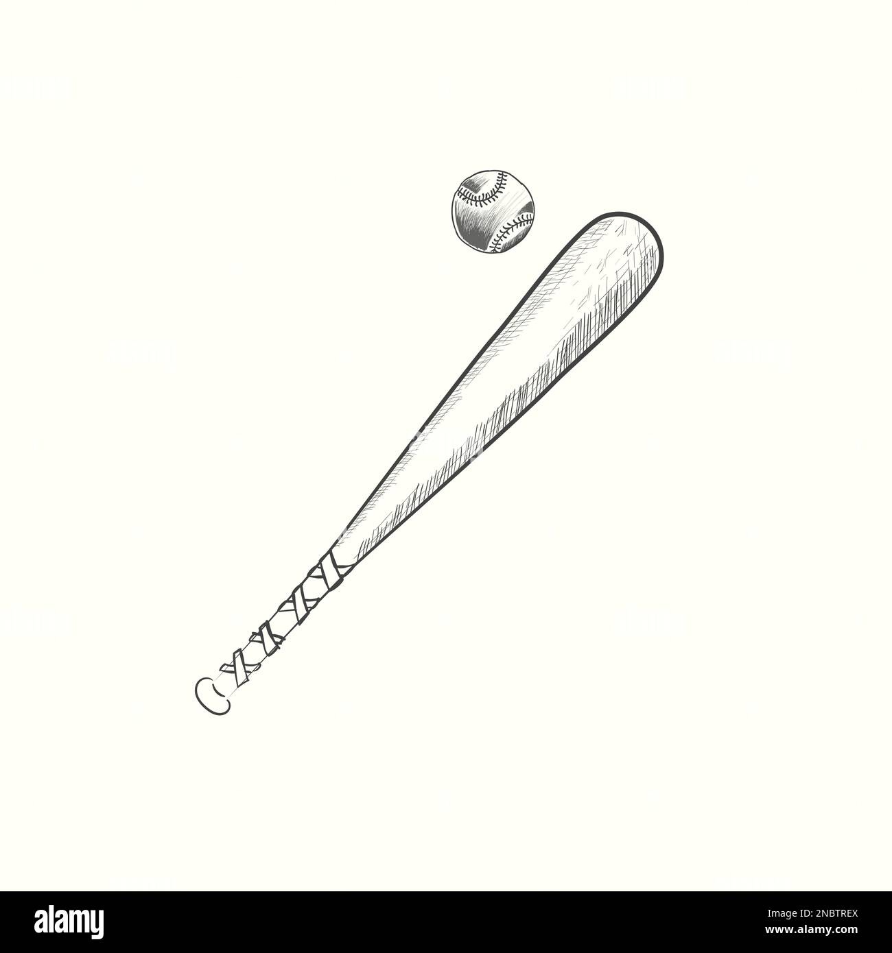 hand drawn baseball bat and ball vector illustration in black, detailed ...