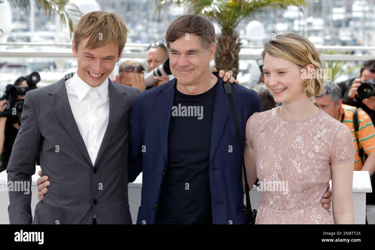 From left, actor Henry Hopper, director Gus Van Sant, and actress Mia Wasikowska pose during a ...