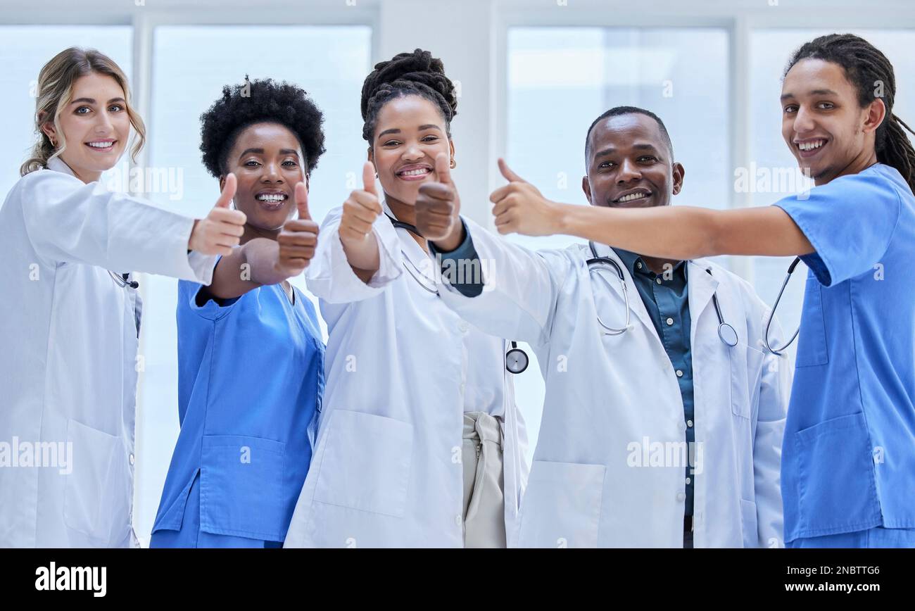 Doctors, nurses and portrait in thumbs up for teamwork, support and ...