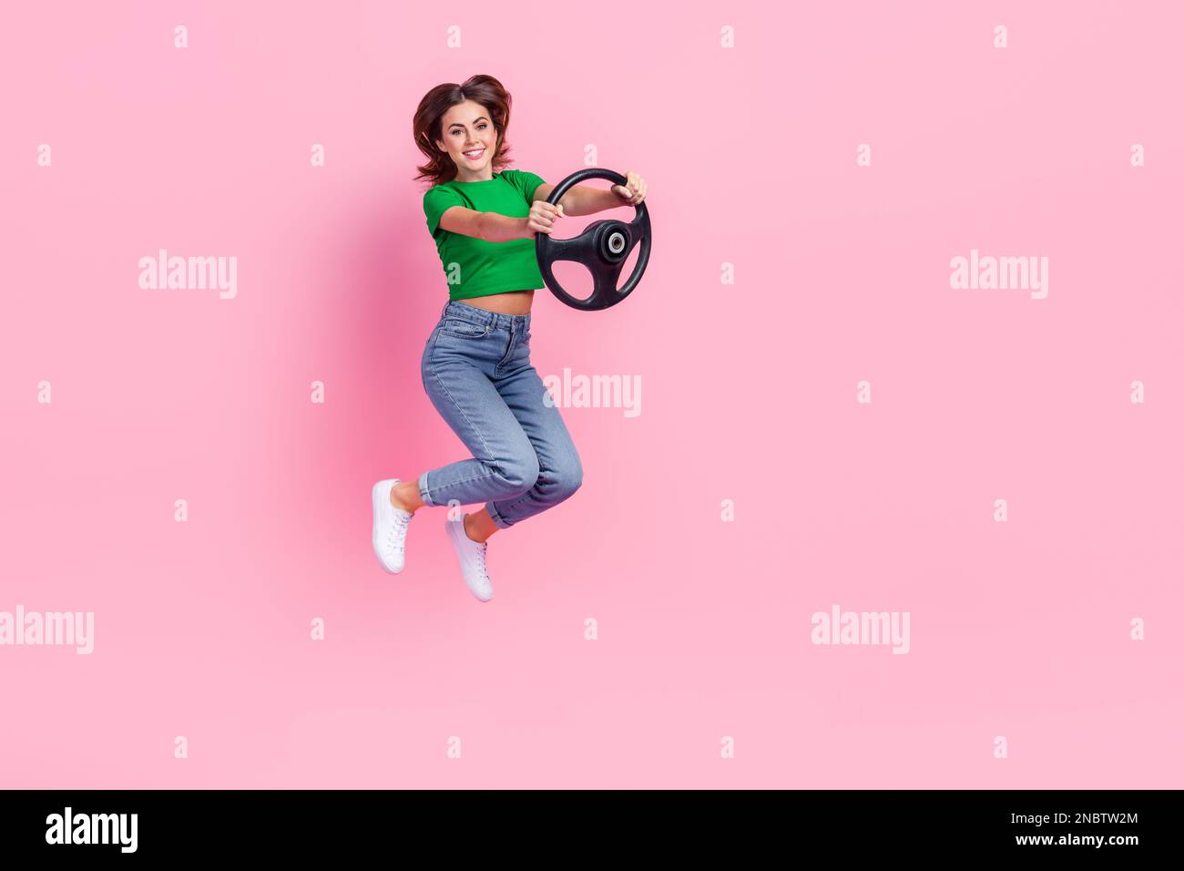Full length photo of dreamy pretty girl wear green crop top jumping ...