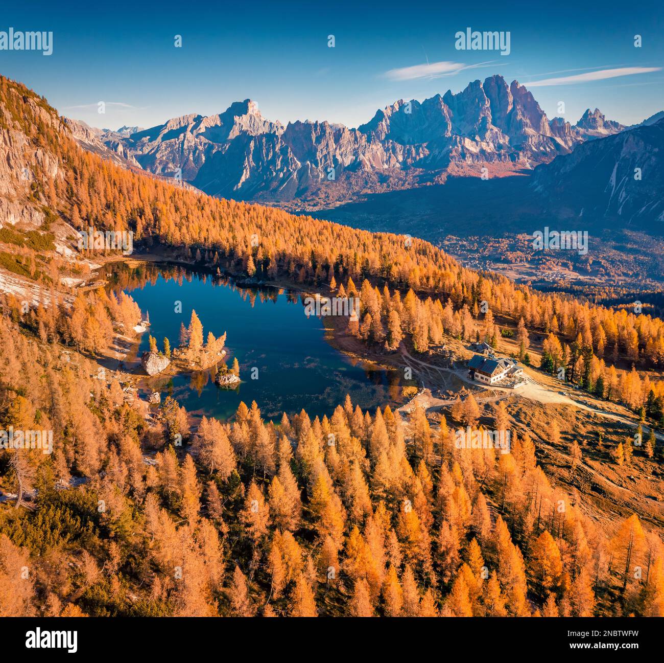 View from flying drone of popular tourist destination - Federa lake ...