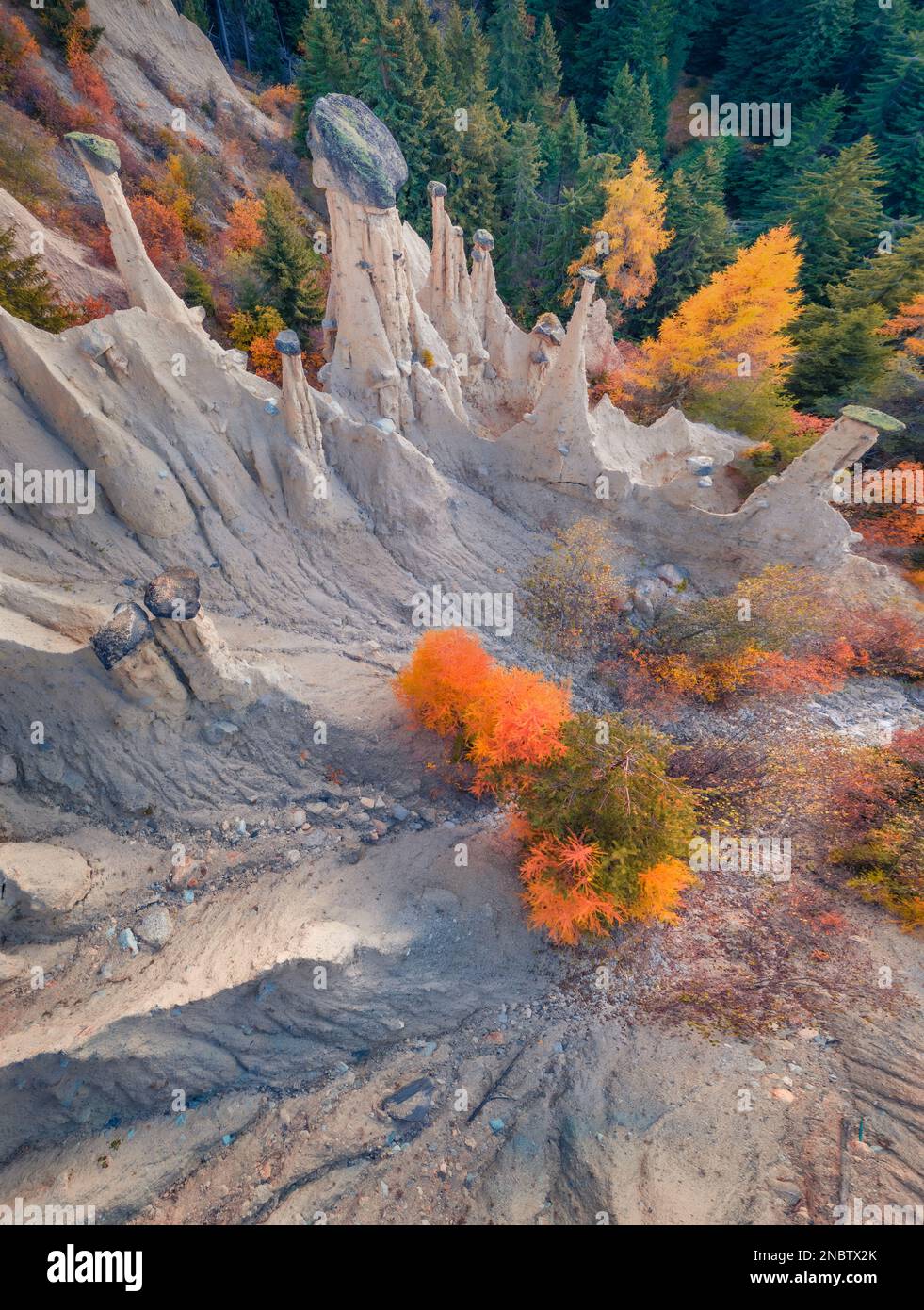 Straight down view from flying drone of Earth pyramids of Platten ...