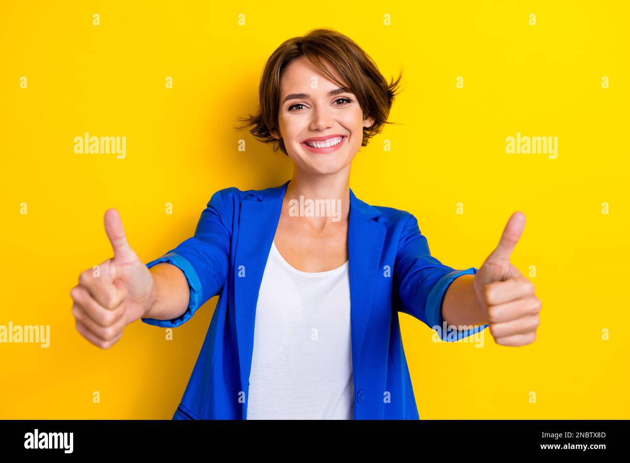 Photo of cheerful hr manager girl wear blue blazer double thumbs up ...