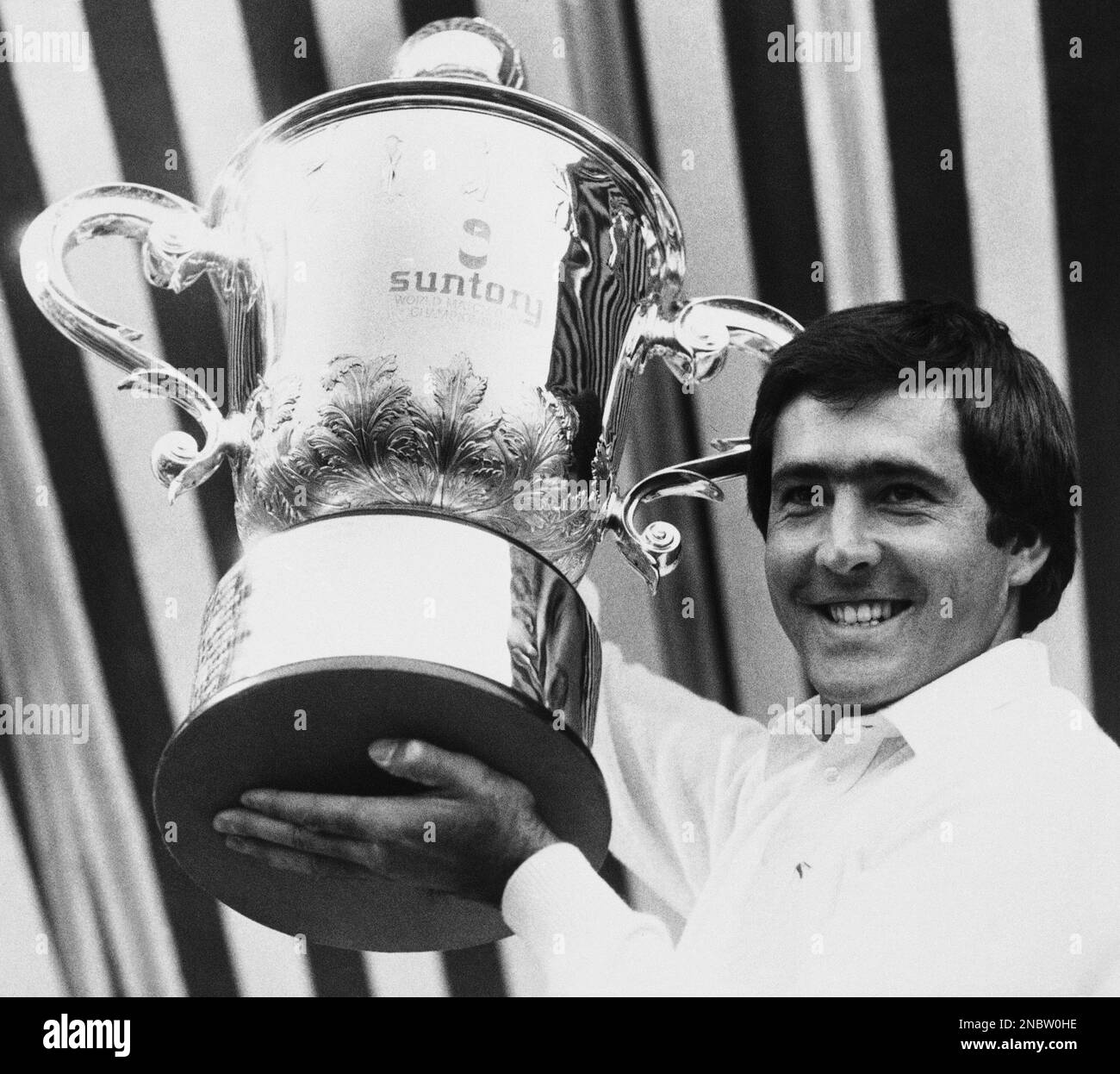 Spanish Golfer Severiano Ballesteros holds up the trophy after winning ...