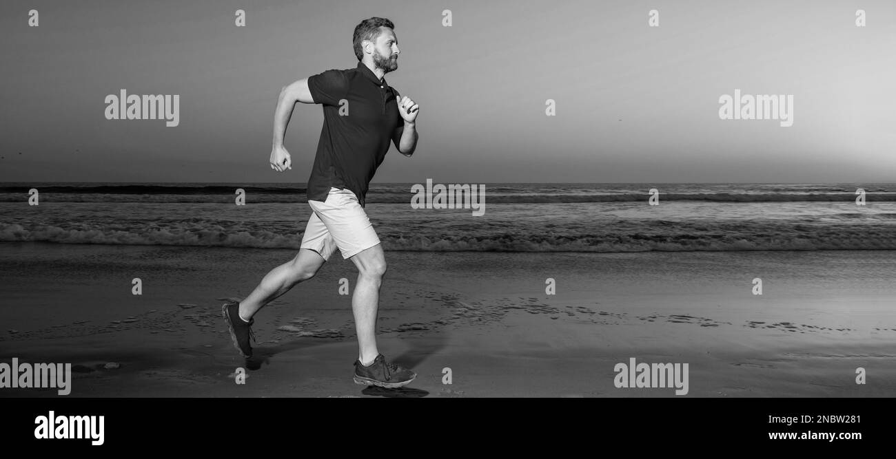 Man running and jumping, banner with copy space. athletic man runner ...