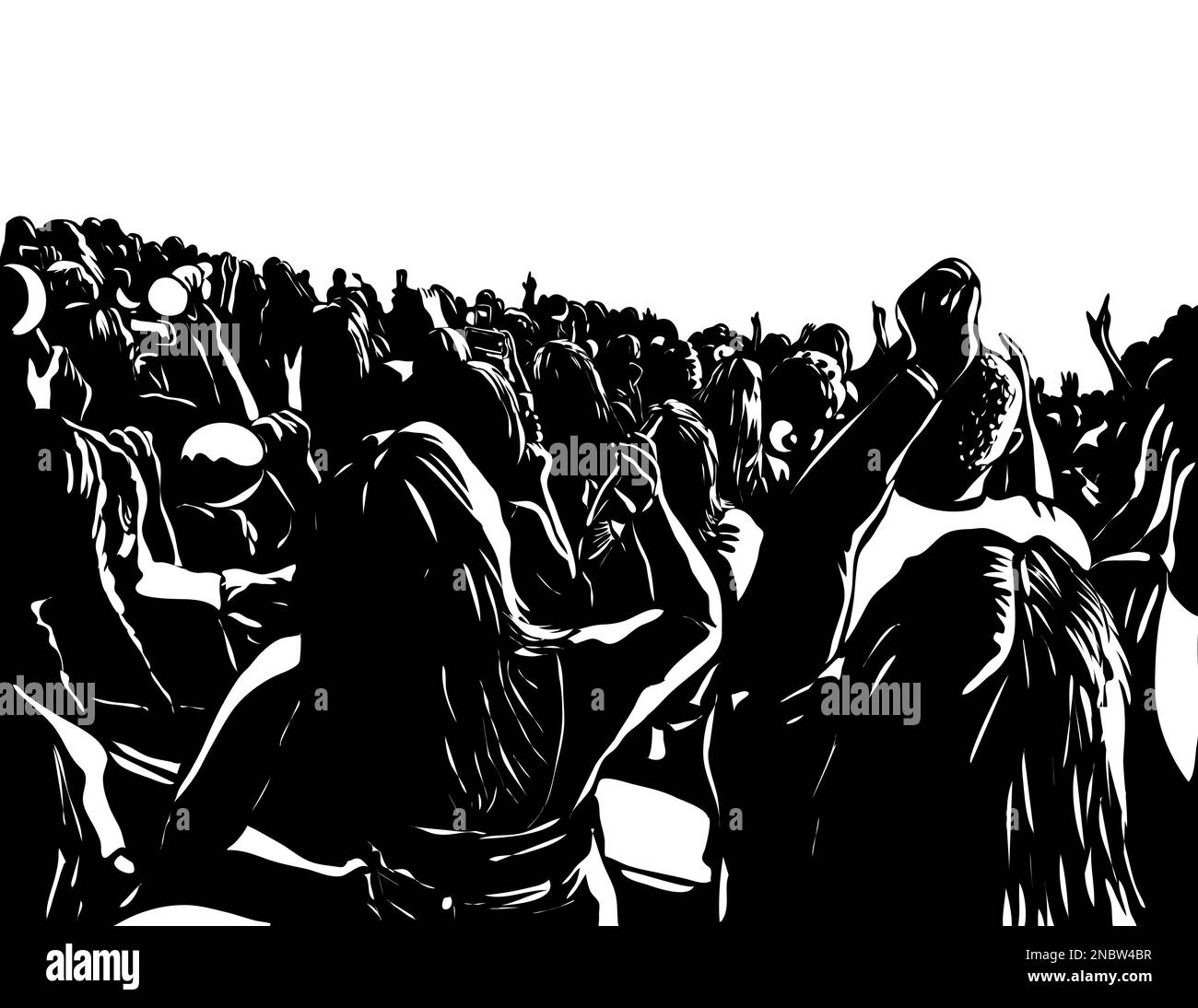 Retro woodcut style illustration of a crowd of people in an event ...