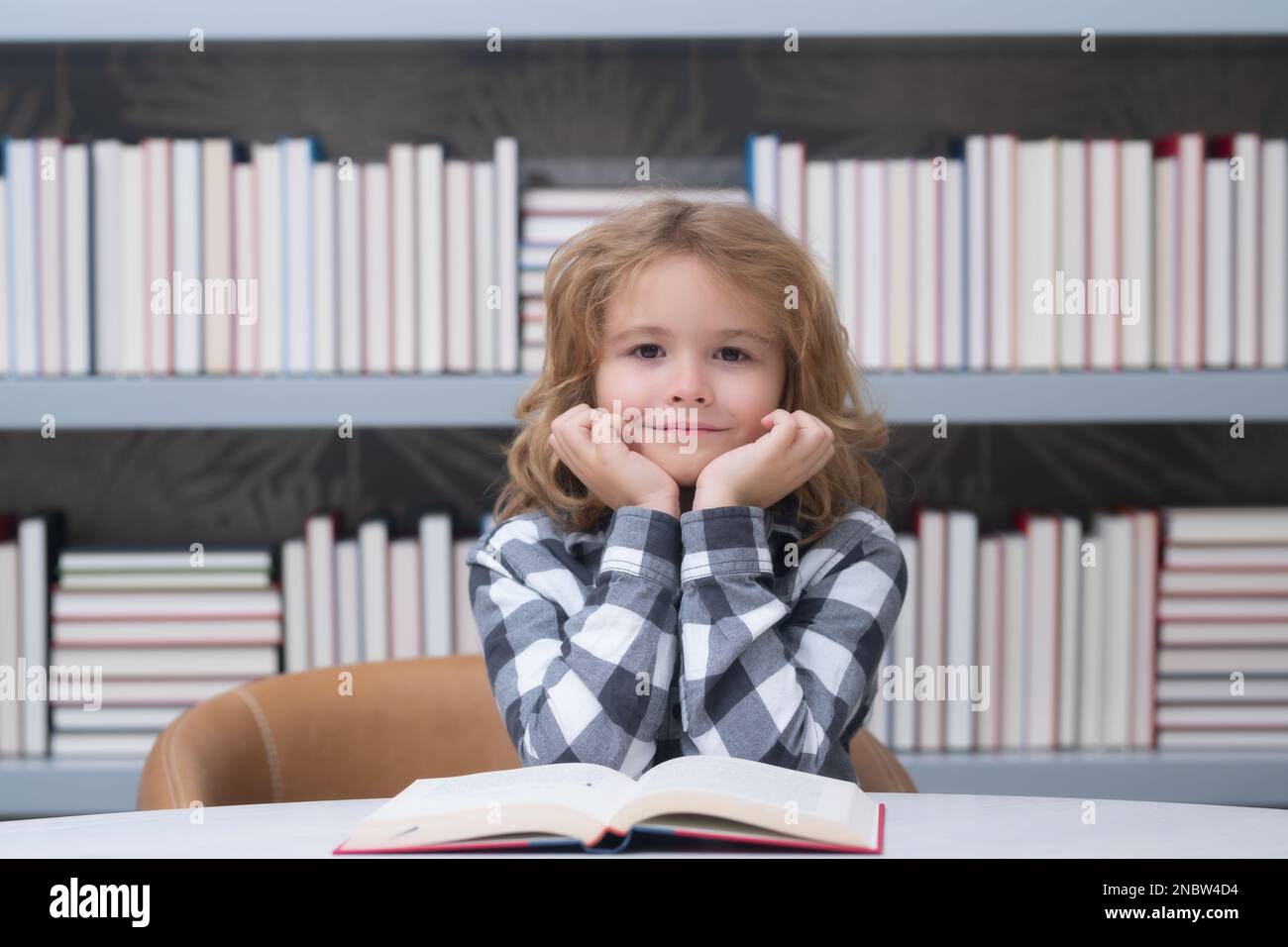 Education and school concept. School child studying in school library ...