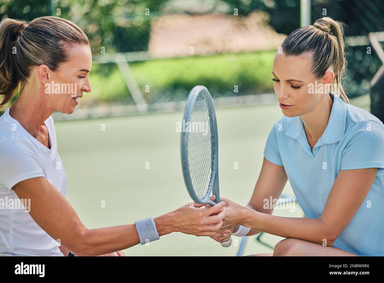 Women hands together, tennis racket and coach with athlete, support or ...