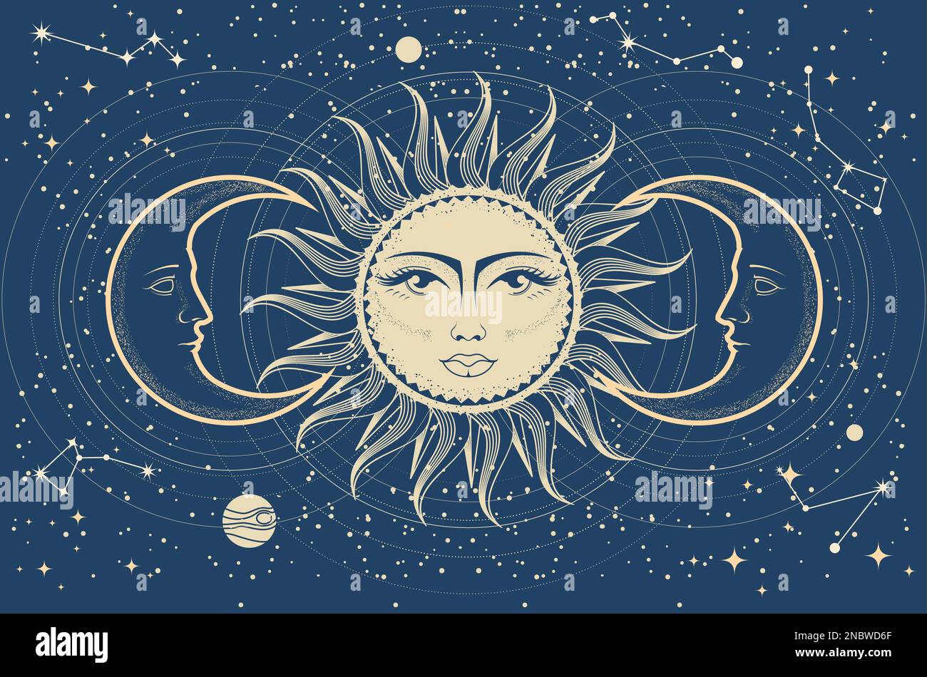 Sun and moon, astrology and horoscope background, eclipse, vintage ...