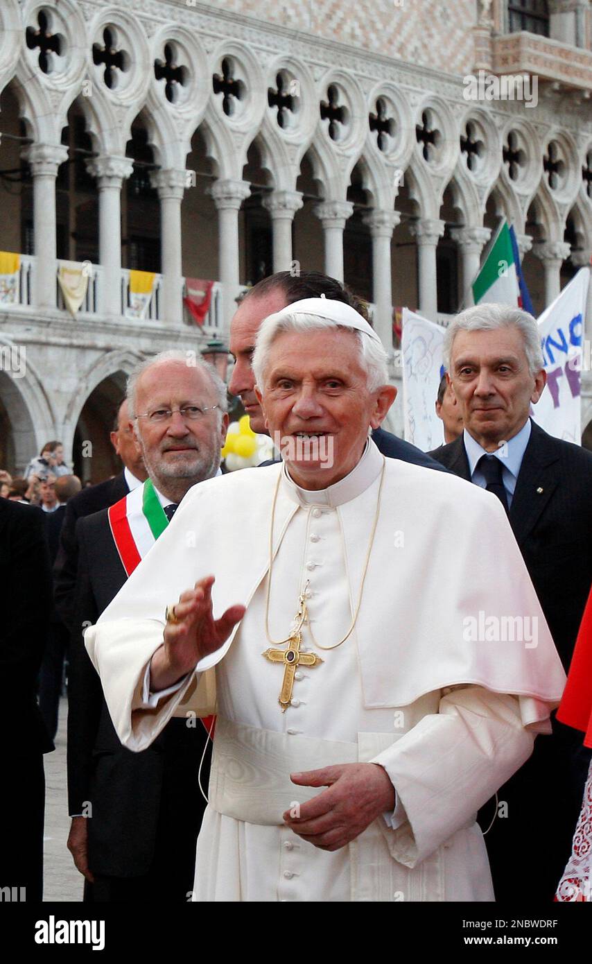 Pope Benedict XVI waves upon his arrival in Venice, Italy, Saturday ...