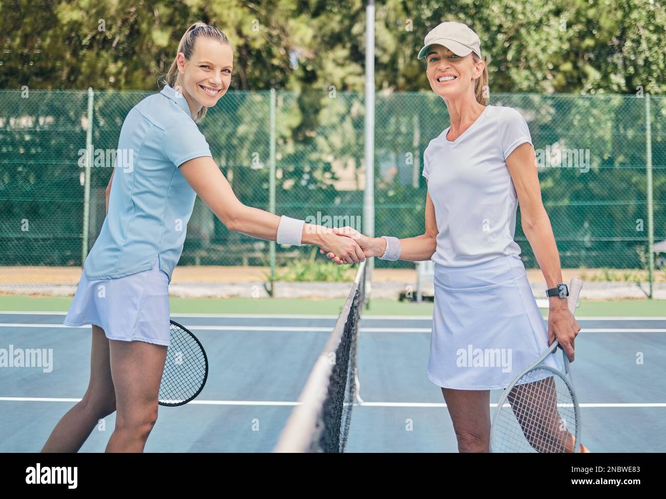 Tennis, women and sports handshake portrait on court for fitness ...