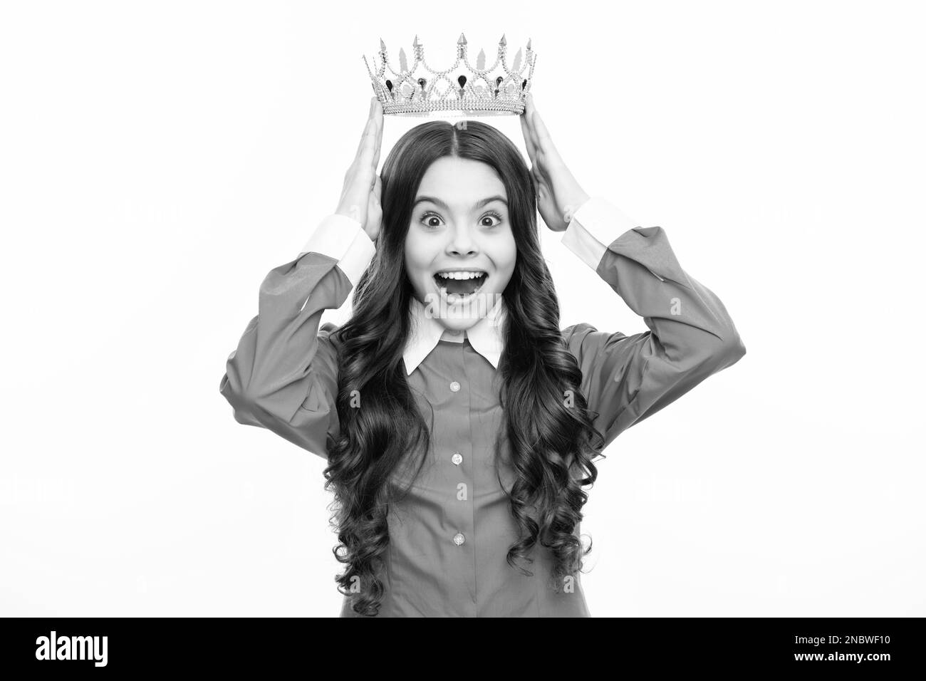Excited face. Portrait of ambitious teenage girl with crown, feeling ...