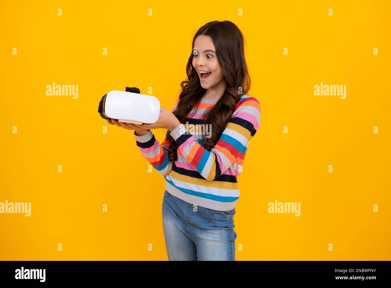 Virtual gadgets for kids, free time and study. Teenage girl uses vr ...