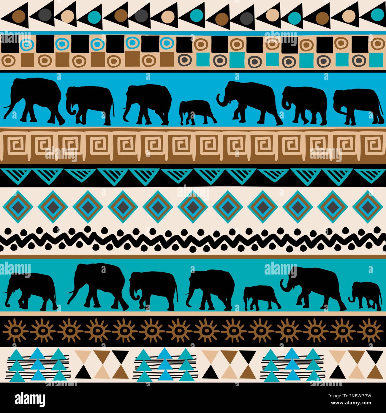 Tribal ethnic pattern with elephants silhouettes and traditional ...