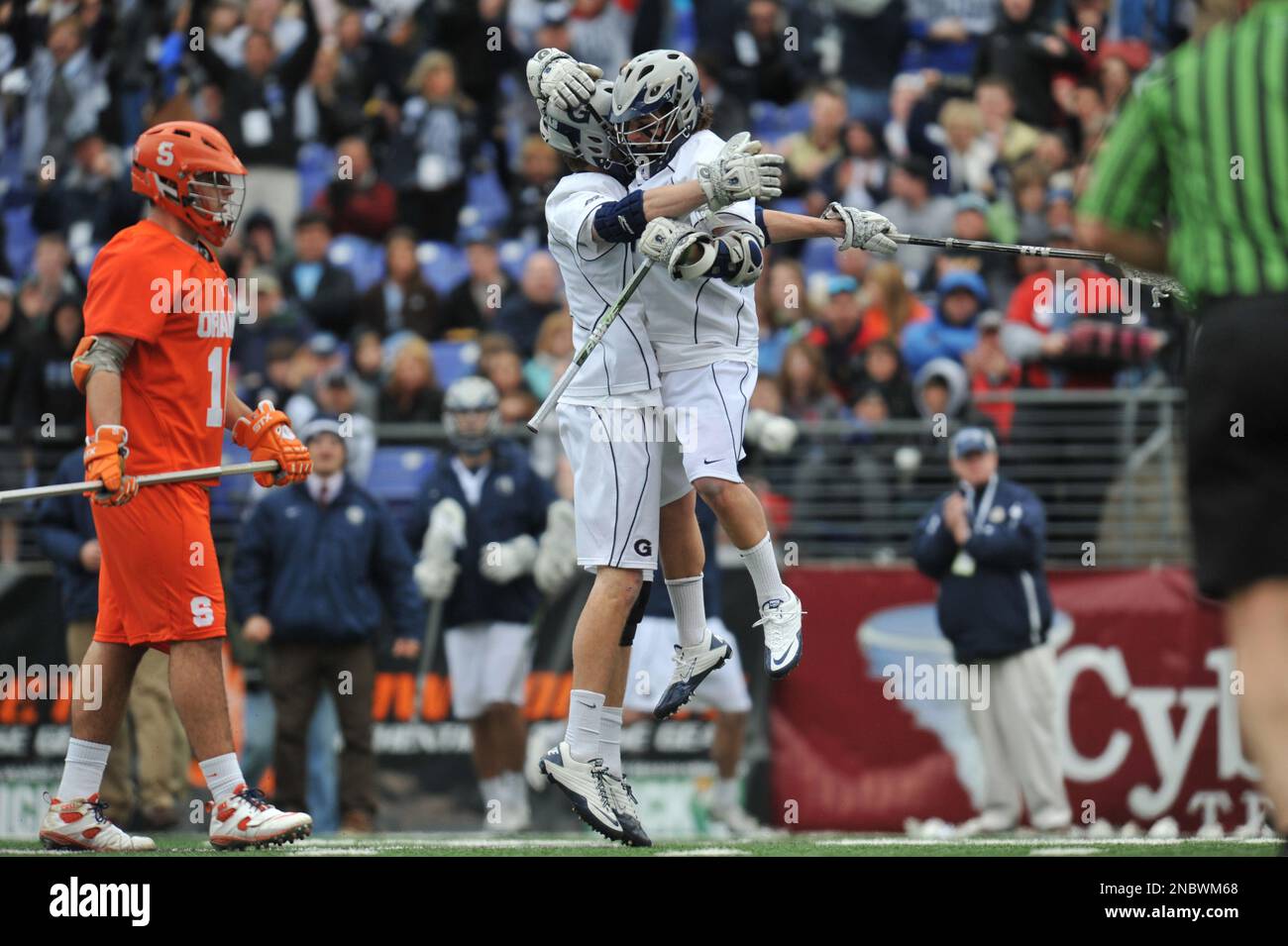 Georgetown's Davey Emala (5) celebrates a goal with a teammate against ...