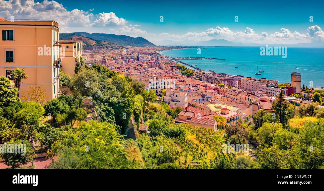 Beautiful summer cityscape of Salerno town. Green outdoor scene of ...