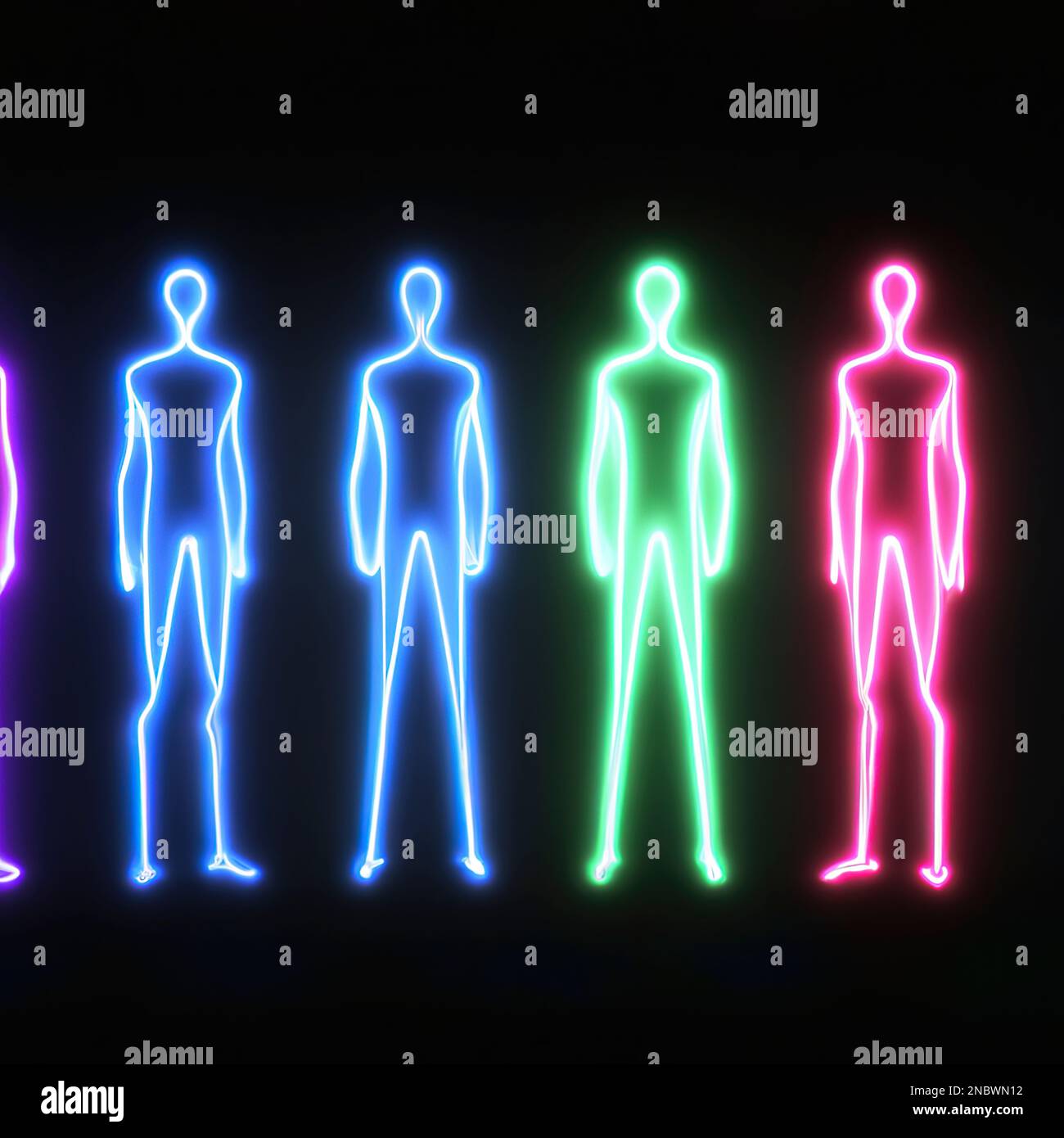 People silhouettes with colorful neon lights on the dark background ...