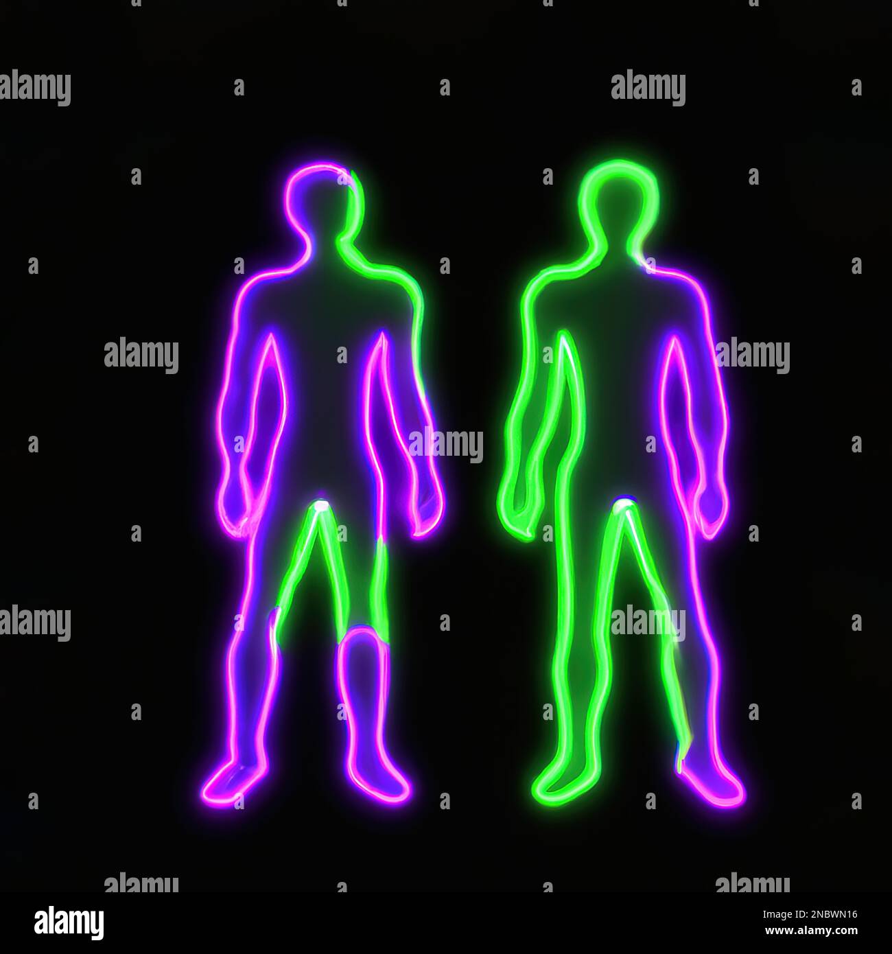 People silhouettes with colorful neon lights on the dark background ...