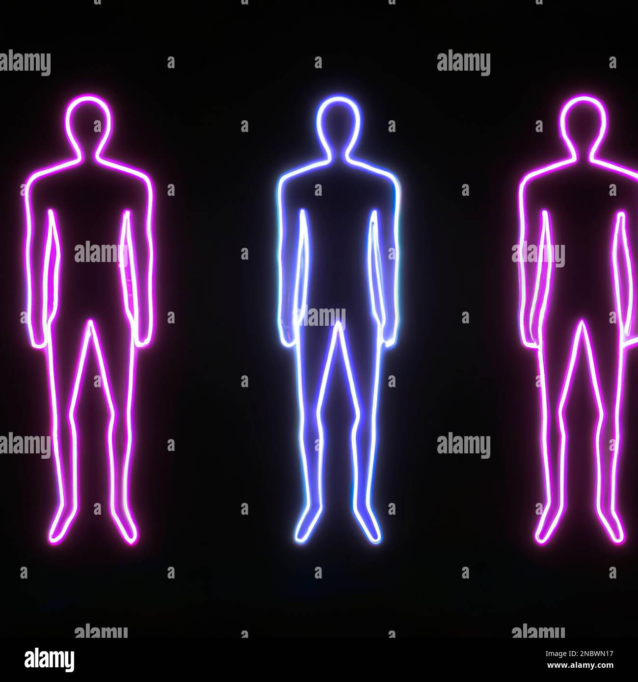 People silhouettes with colorful neon lights on the dark background ...