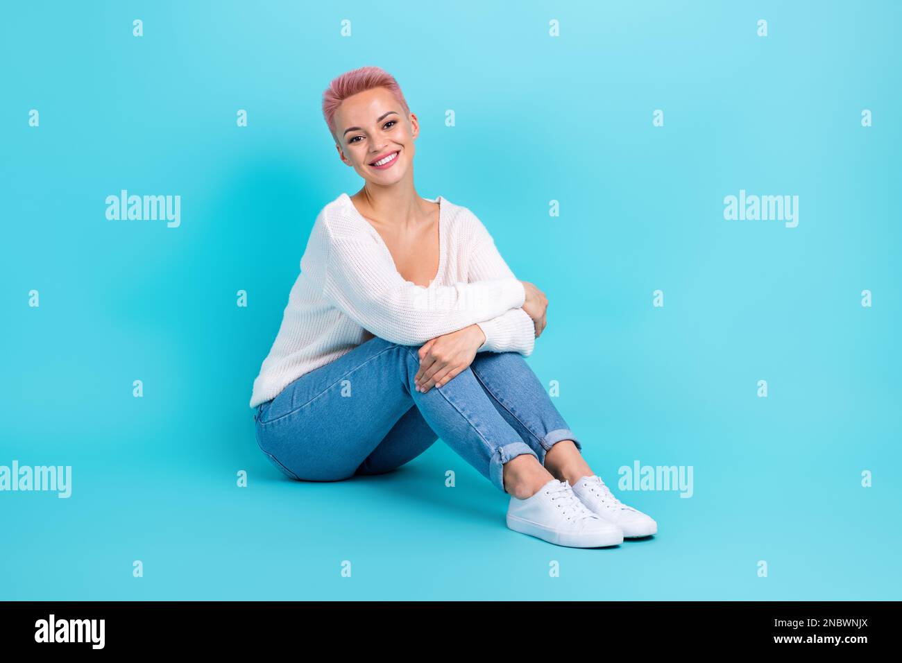 Full body length photo cadre of cheerful youngster girl feel feminine ...