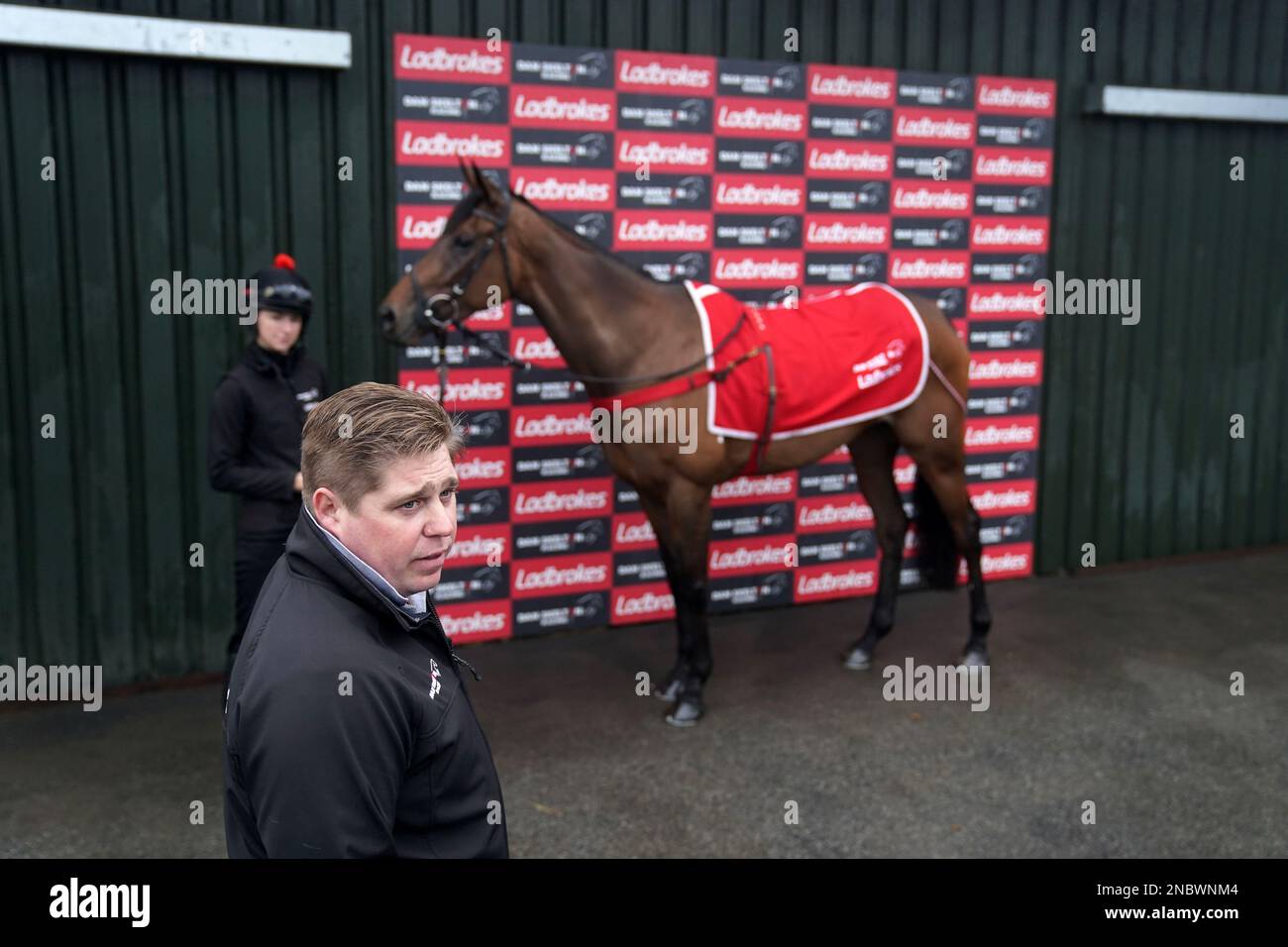 Dan Skelton talks to media alongside Galia Des Liteaux, during a visit ...