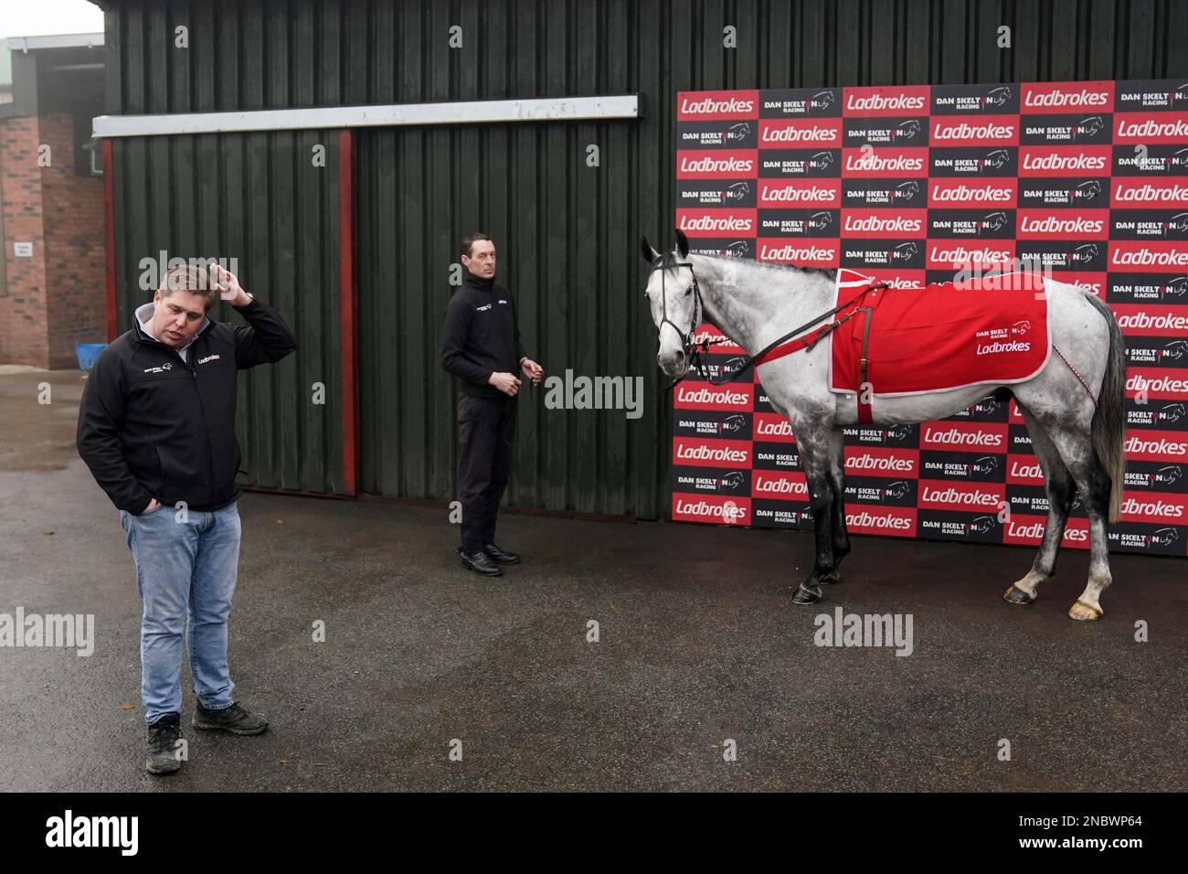 Dan Skelton talks to media alongside Unexpected Party, during a visit ...