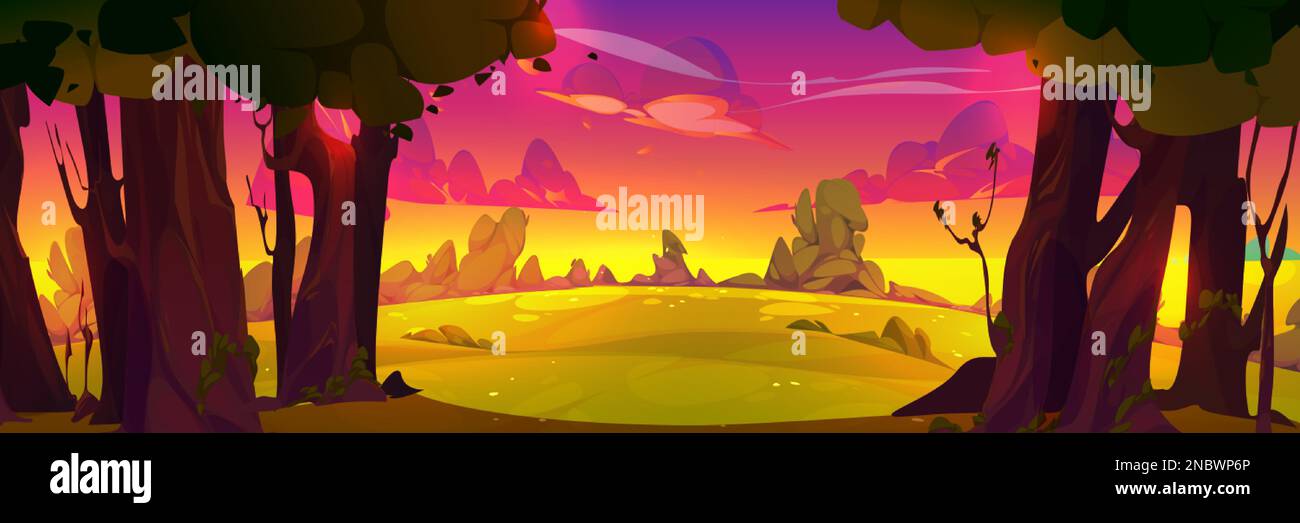 Summer sunset forest landscape with green trees, bushes, grass. Nature ...