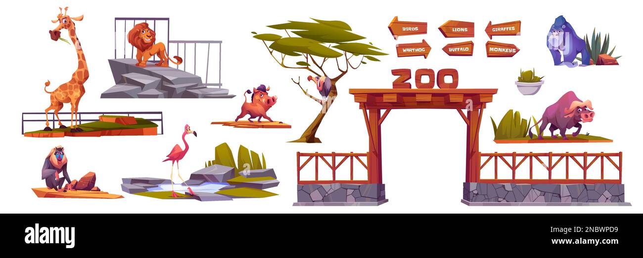 Zoo animals and landscape design set isolated on white background ...