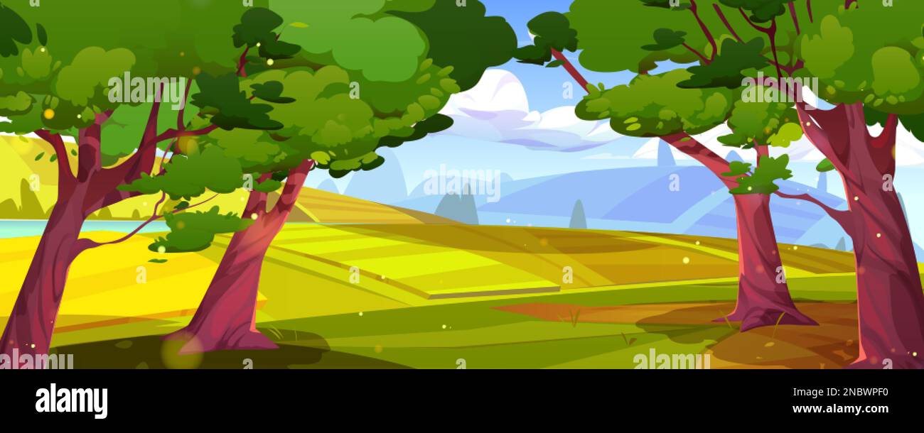 Summer countryside landscape with green trees and fields on river banks ...