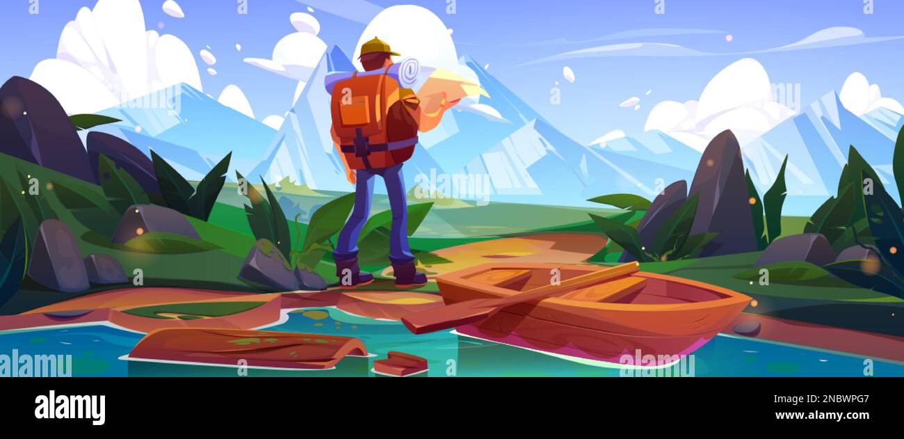 Male tourist hiking in mountains with map. Vector cartoon illustration ...