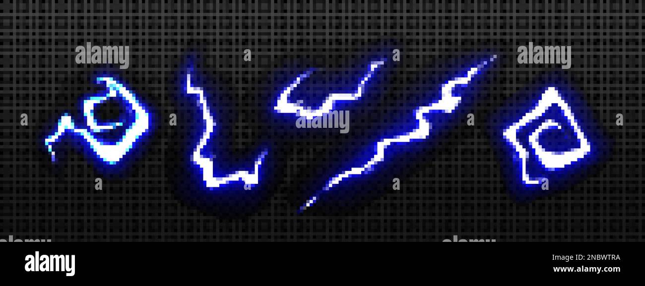 Set of neon blue lightning strike effects isolated on dark transparent ...