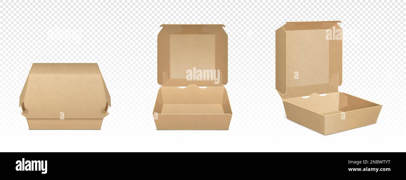 Brown cardboard burger box, realistic vector illustration. Paper ...
