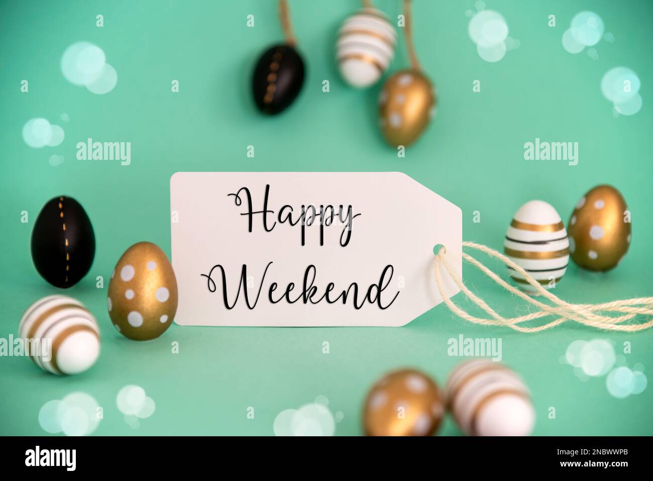 Golden Easter Egg Decoration. Label With English Text Happy Weekend ...
