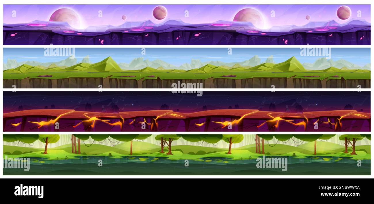 Set of cartoon vector seamless runner game ground surface. Space with ...