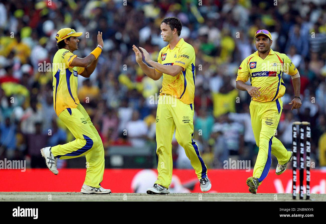 Chennai Super Kings' Albie Morkel, center, celebrates with teammates ...