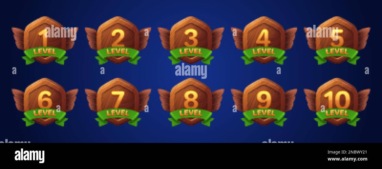 Game wooden badges with level number. Achievement rank emblems, wood ...