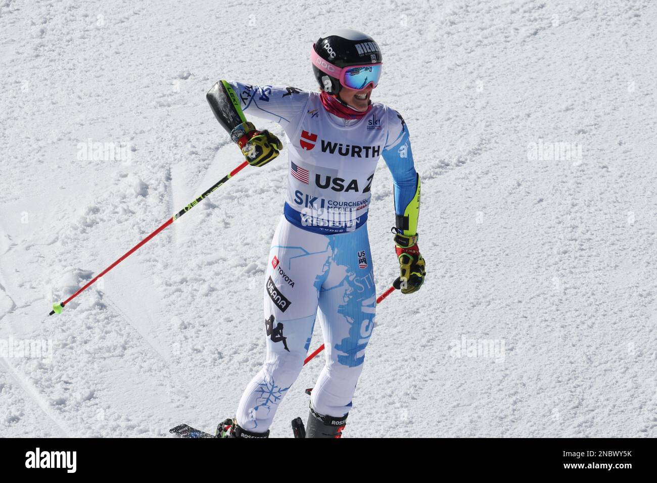 United States' Paula Moltzan celebrates during an alpine ski, mixed ...
