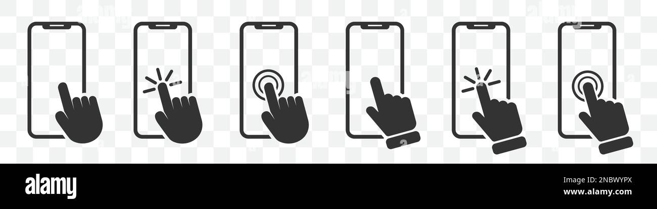 Set of hand clicking on smartphone icons on a transparent background ...