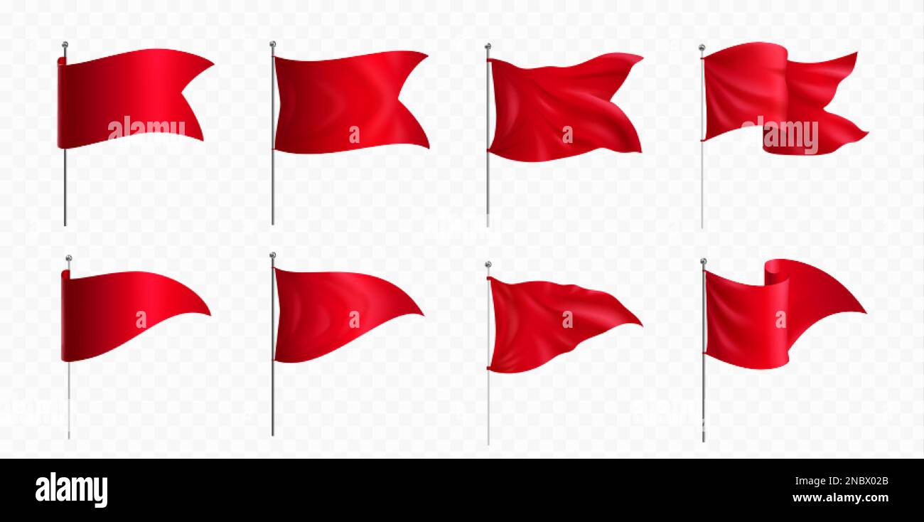 Red flags and pennants on poles mockup. Blank fabric banners triangle ...