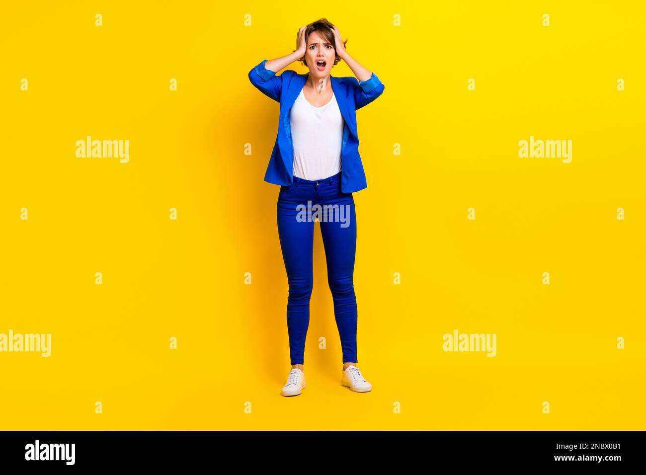 Full length photo of shocked amazed lady dressed blue blazer open mouth ...