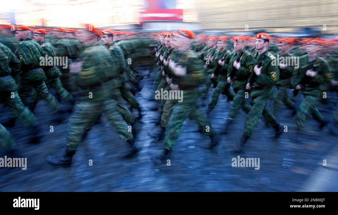 Russian soldiers march during a rehearsal for the Victory Day military ...