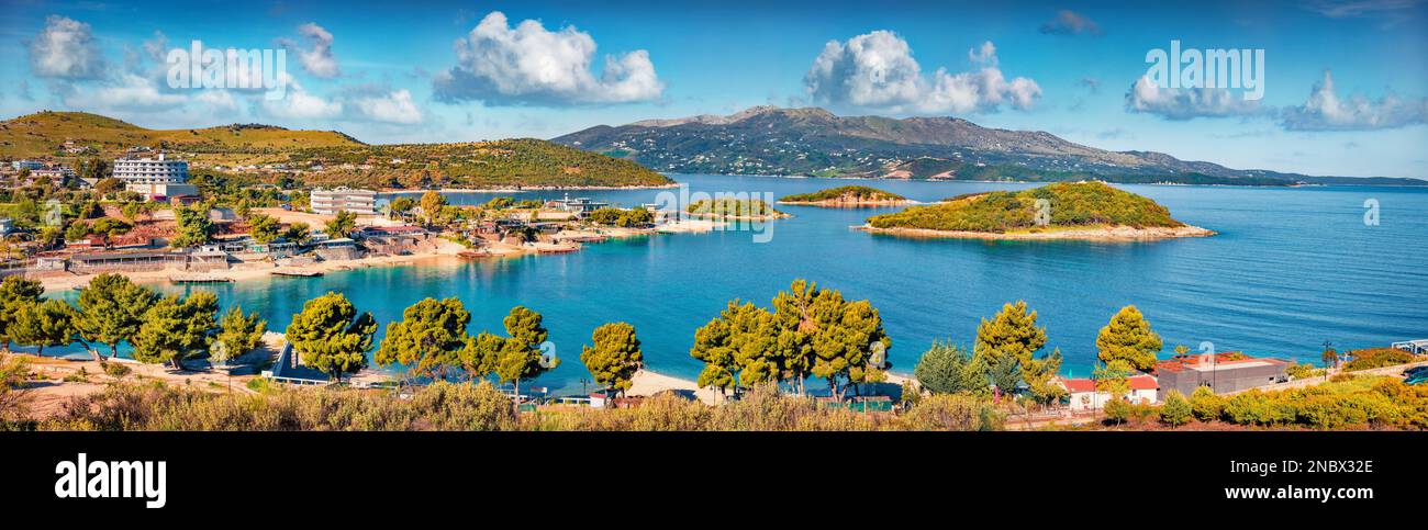 Panoramic seascape of Ionian sea with Corfu island on background ...