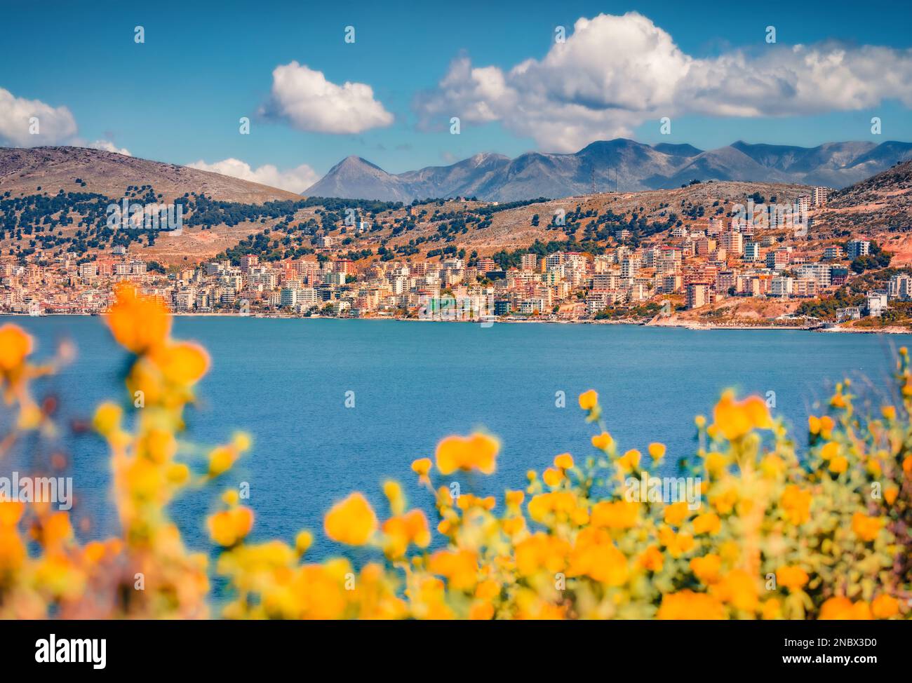Sunny spring cityscape of Saranda tiwn. Amazing summer view of Albanian ...