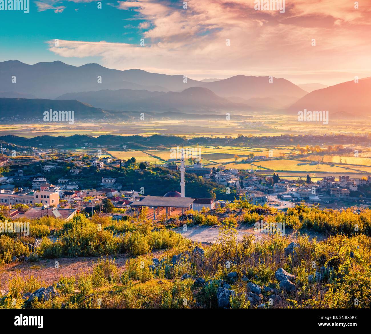 Aerial morning view of outskirts of Saranda town. Picturesque sunrise ...