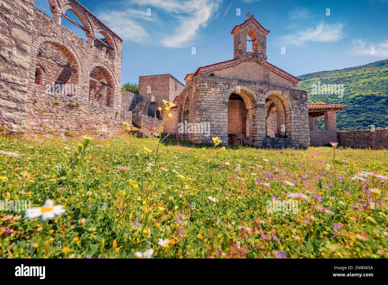 Sunny spring view of abandoned St. Mary Monastery. Pictueresque morning ...