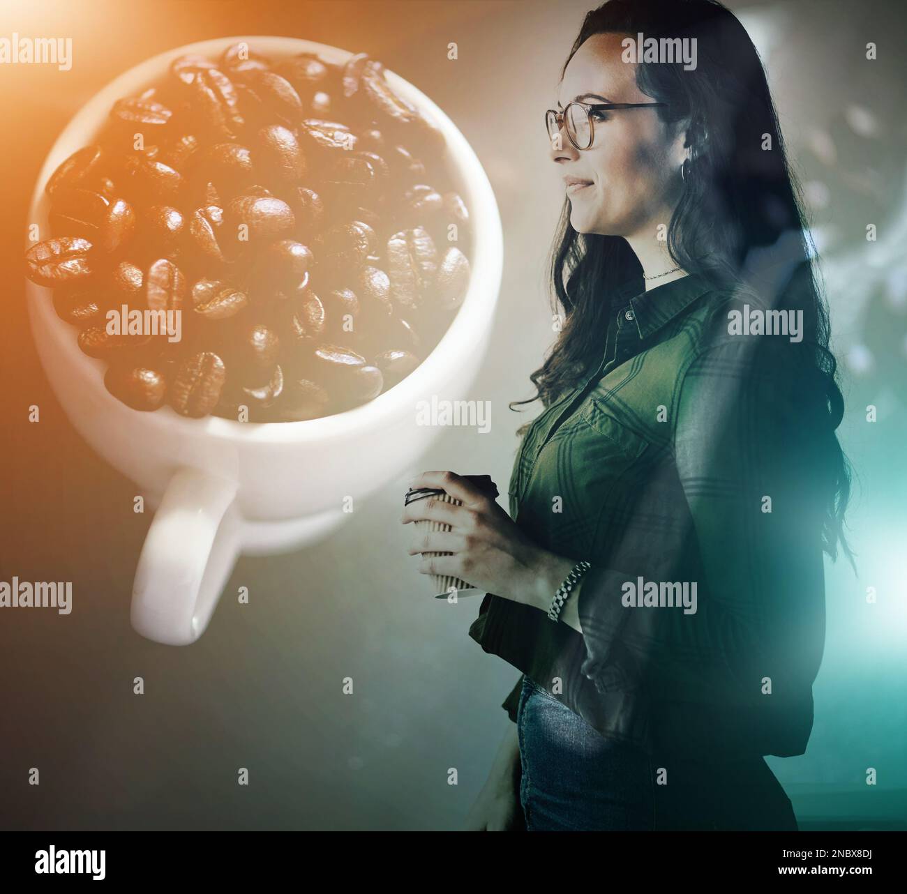 Double exposure, coffee beans and woman with cup, thinking and idea for ...