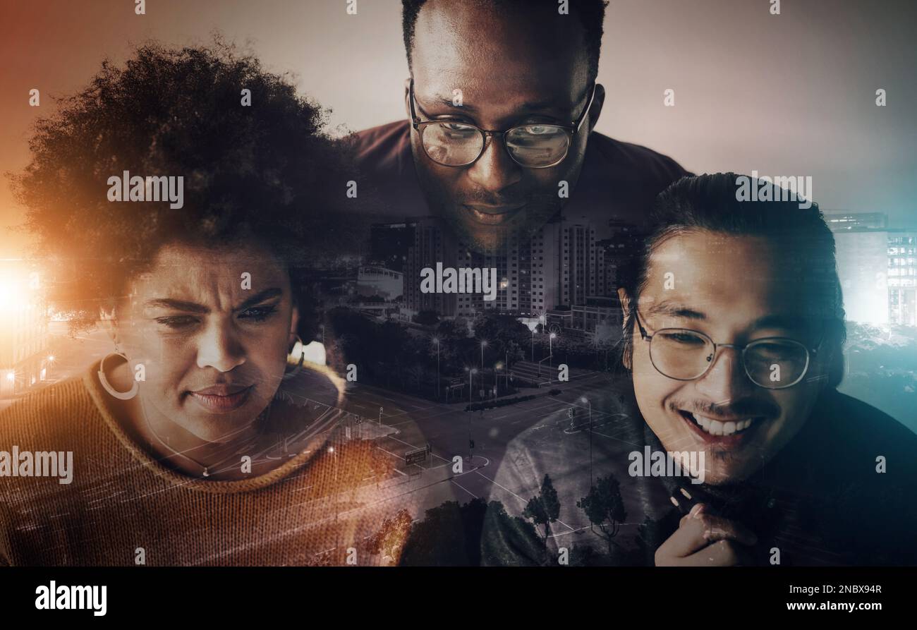 Overlay, future and team working and planning together for futuristic ...