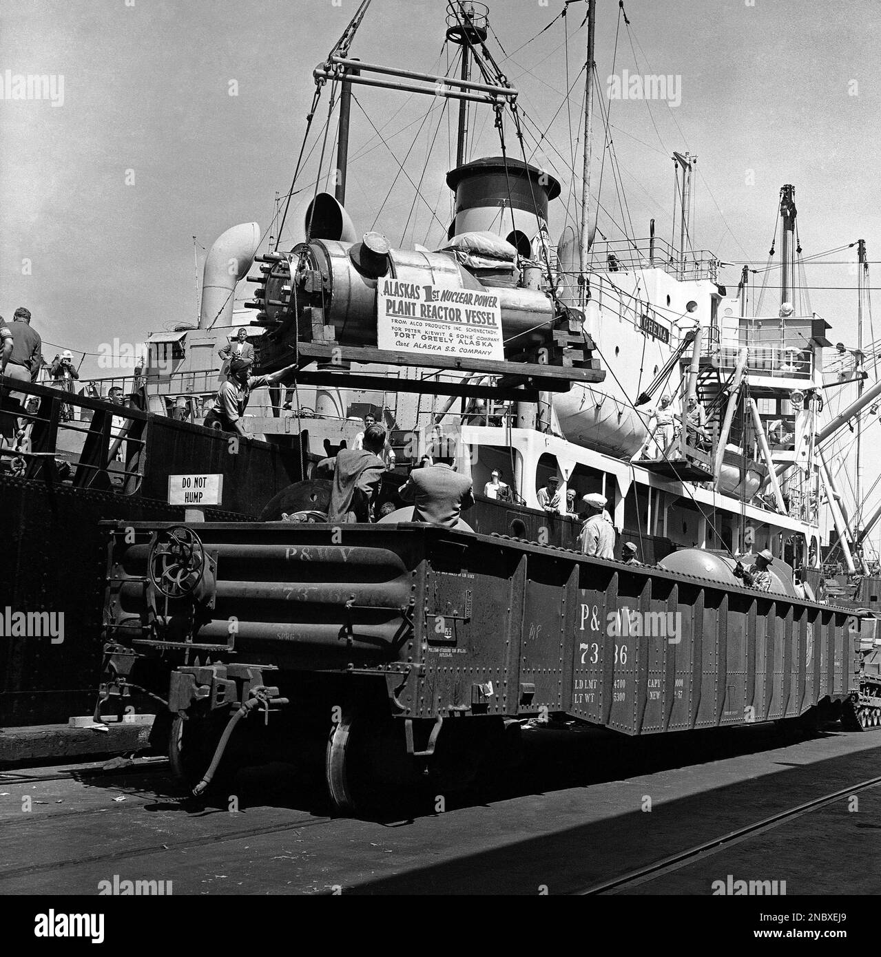 A big $184,000 reactor “Vessel” is hoisted aboard the Alaska Steamship ...