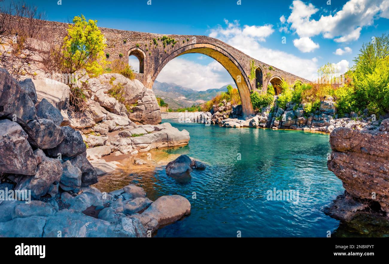 Stunning spring view of Old Mes Bridge. Gorgeous morning landscape of ...